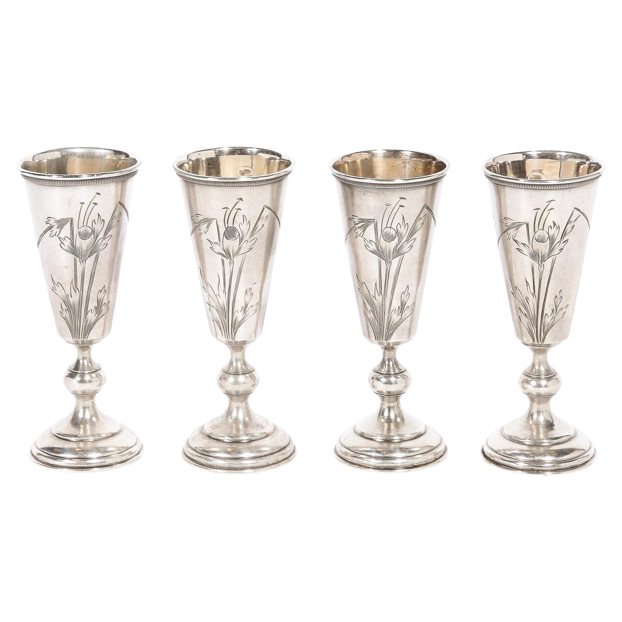 Set of 4 Antique Sterling Silver Russian Kiddish Cups With Kokoshnik ...