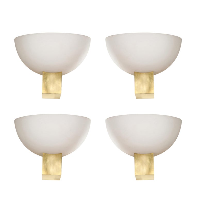 Set of 4 Art Deco Brass and Frosted Glass Reverse Dome Sconces Signed ...