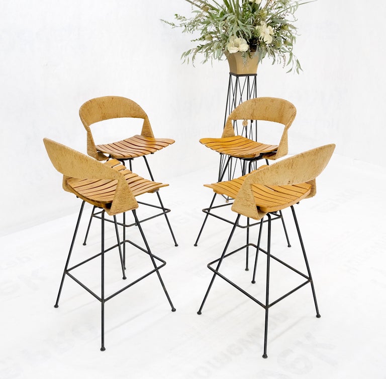 Set of 4 Arthur Umanoff Rush Seat Wire Bases Bar Stools circa 1970s ...