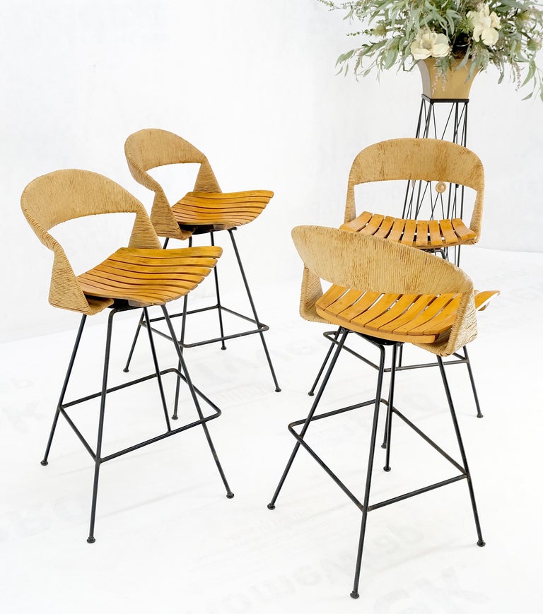 Set of 4 Arthur Umanoff Rush Seat Wire Bases Bar Stools circa 1970s ...