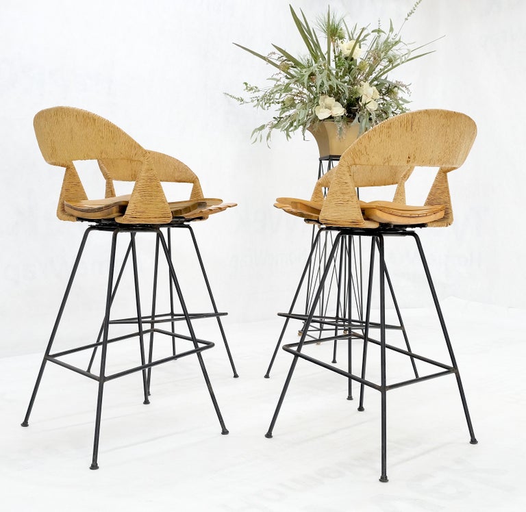 Set of 4 Arthur Umanoff Rush Seat Wire Bases Bar Stools circa 1970s ...