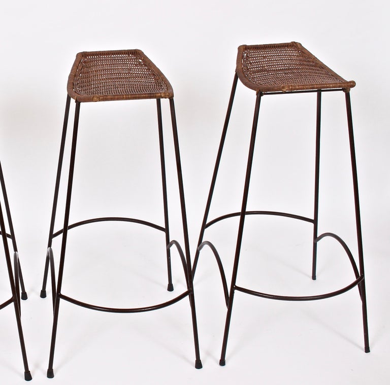 Set of 4 Arthur Umanoff Style Steel and Rattan Stacking Bar Stools, C ...