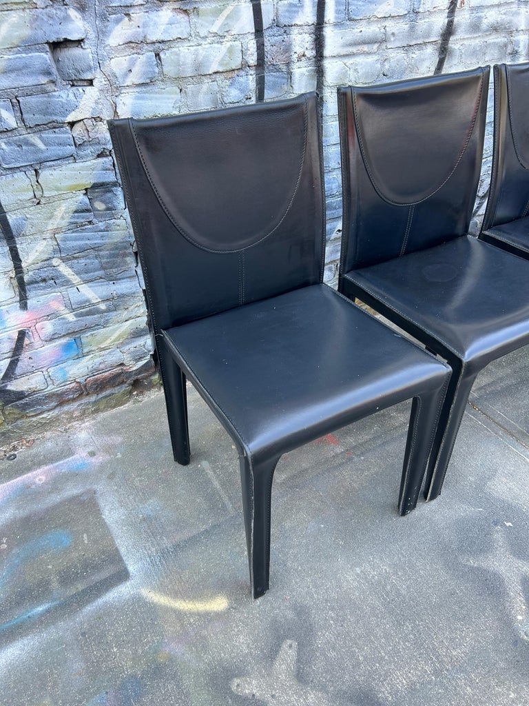 Set of 4 Black Leather Covered Dining Chairs by Arper Made in Italy For ...
