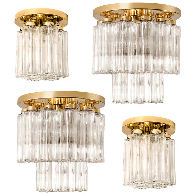Set of 4 Brass and Glass Lights Fixtures Limburg Glashütte, 1970 For ...