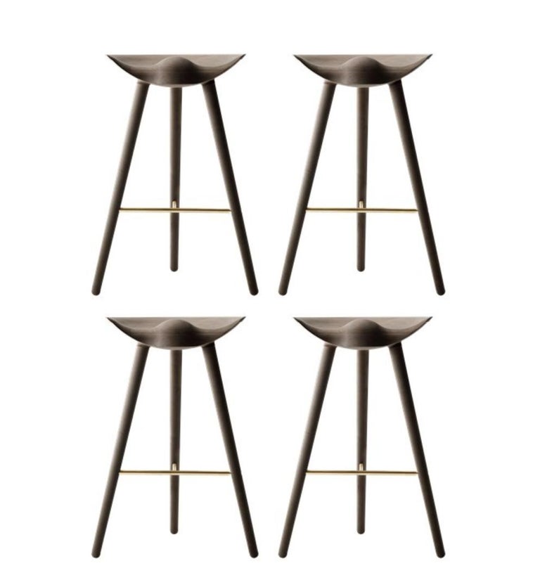 Set of 4 Brown Oak and Brass Bar Stools by Lassen For Sale at 1stDibs