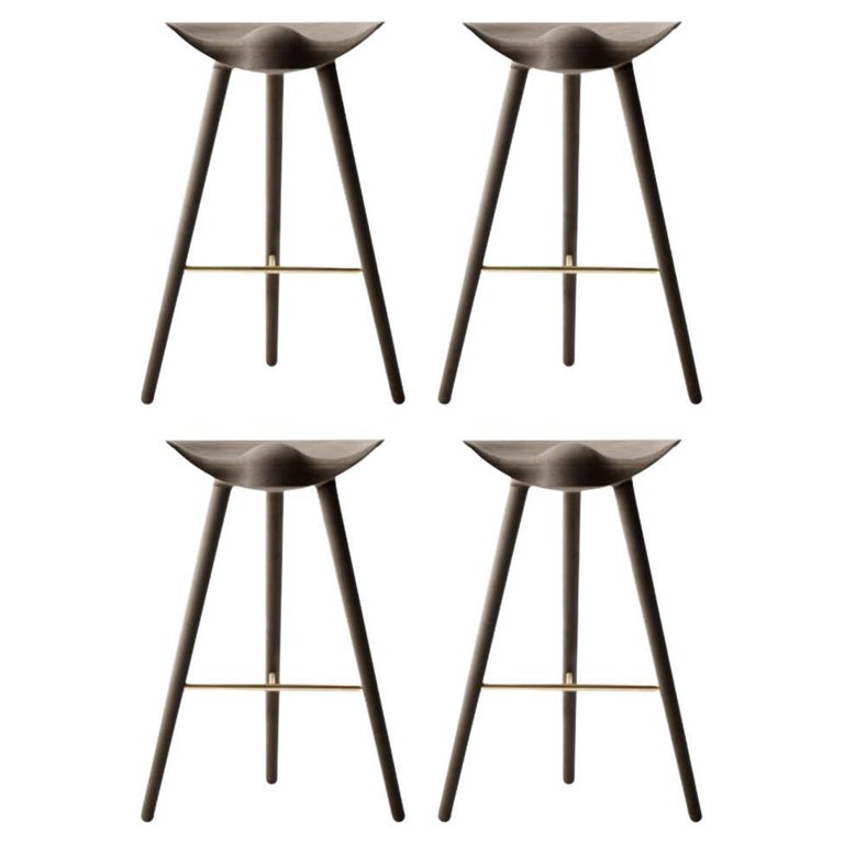 Set of 4 Brown Oak and Brass Bar Stools by Lassen For Sale at 1stDibs
