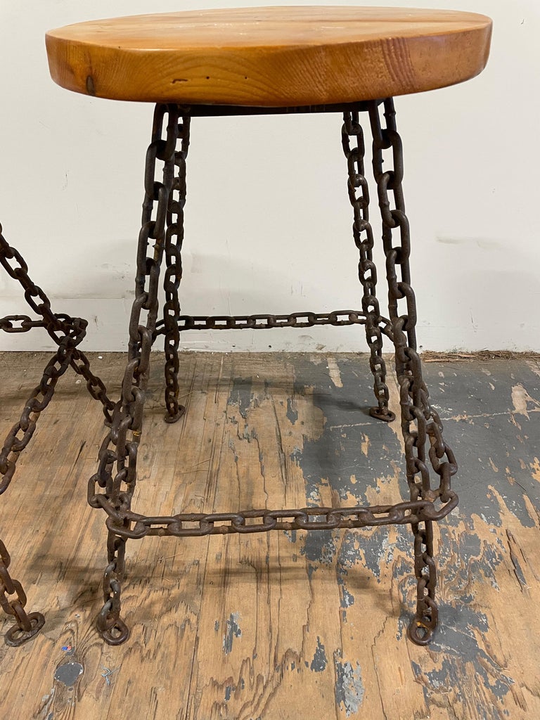 Set of 4 Brutalist Welded Marine Chain and Wood Bar Stools - 1970's For ...