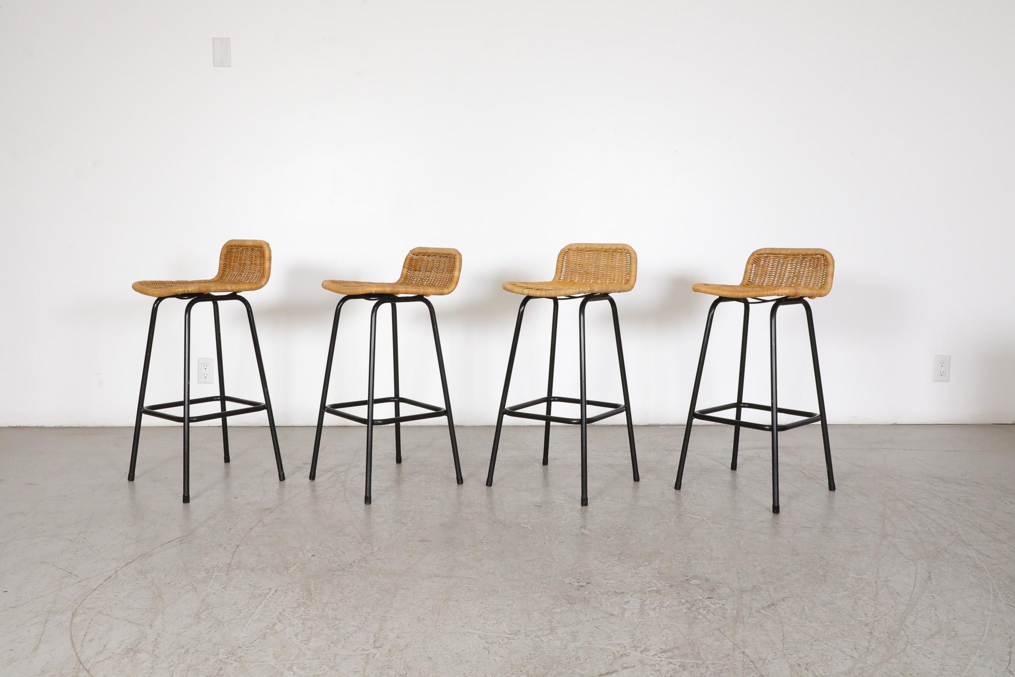 Set of 4 Charlotte Perriand Style Wicker Bar Stools with Black Legs For ...