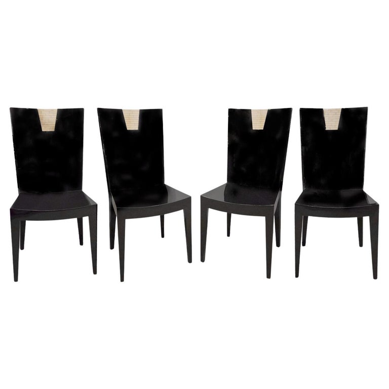 Set of 4 Chic Game/Dining Chairs in Black Lacquer with Bone Inlays ...