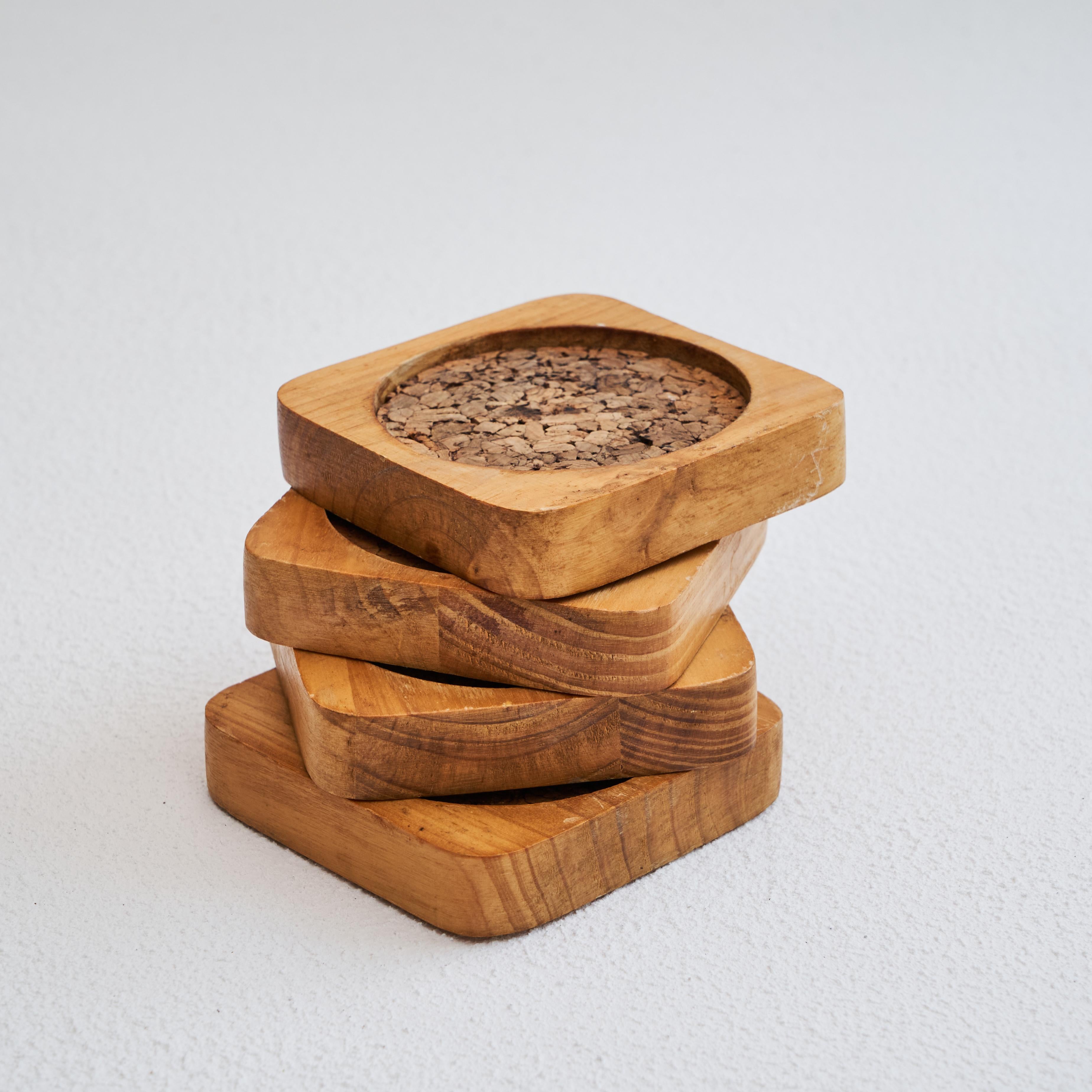 Set of 4 Coasters in Pine and Cork 1970s For Sale at 1stDibs
