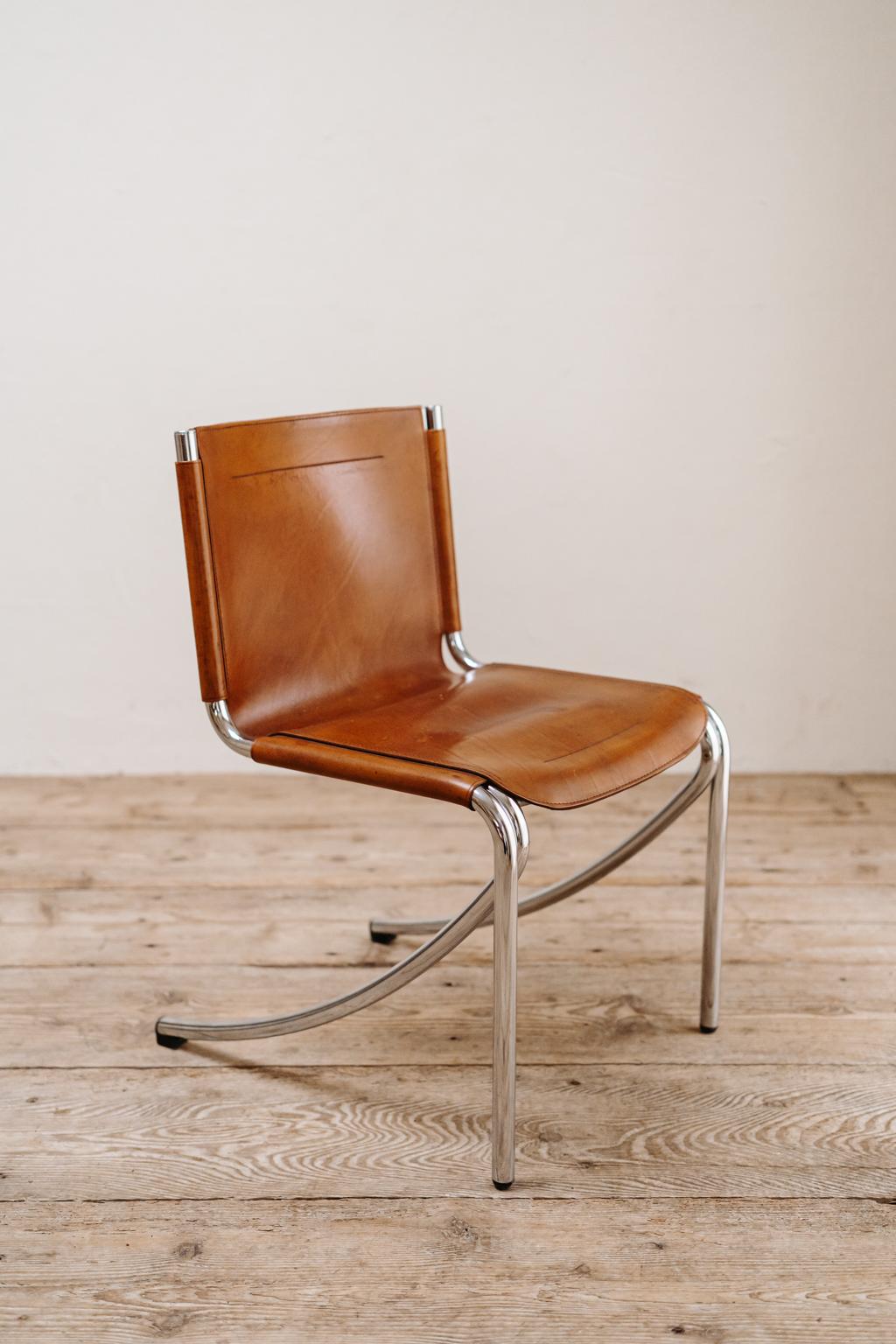 Set of 4 Cognac Leather and Steel Giotto Stoppino, "Jot" Chairs at 1stDibs