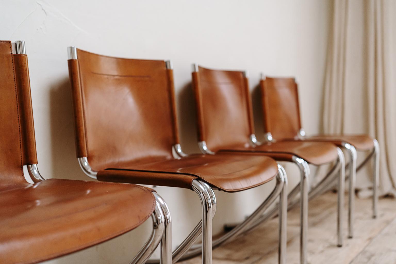 Set of 4 Cognac Leather and Steel Giotto Stoppino, "Jot" Chairs at 1stDibs