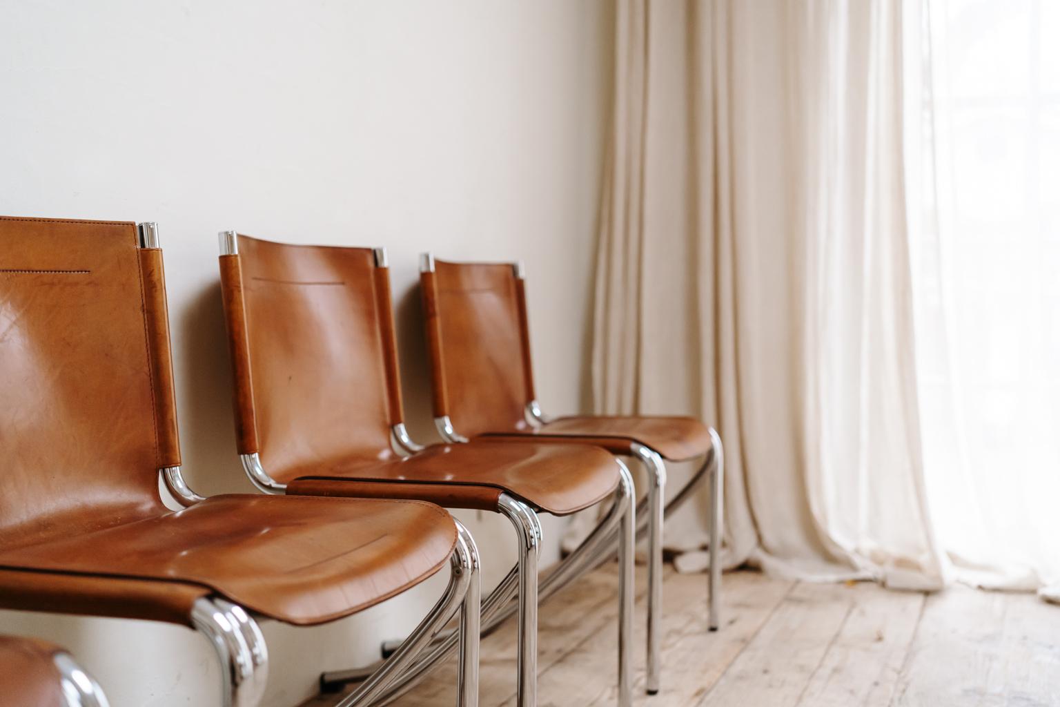 Set of 4 Cognac Leather and Steel Giotto Stoppino, "Jot" Chairs at 1stDibs