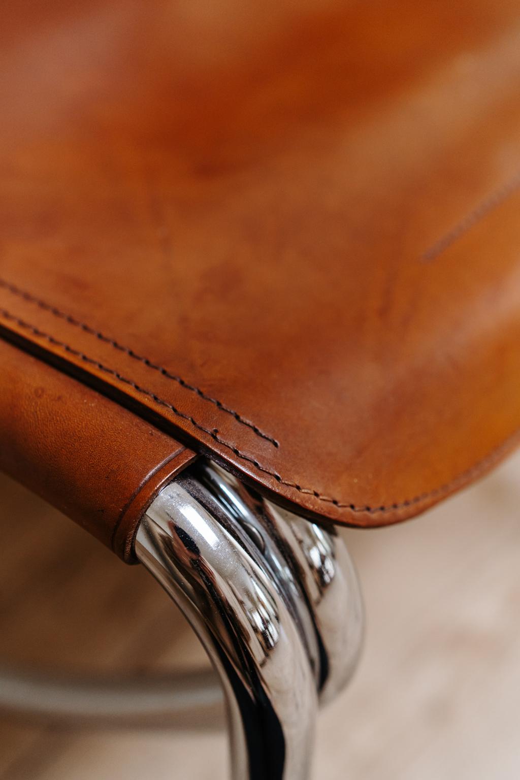 Set of 4 Cognac Leather and Steel Giotto Stoppino, "Jot" Chairs at 1stDibs