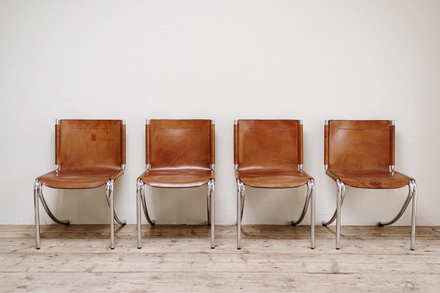 Set of 4 Cognac Leather and Steel Giotto Stoppino, "Jot" Chairs at 1stDibs