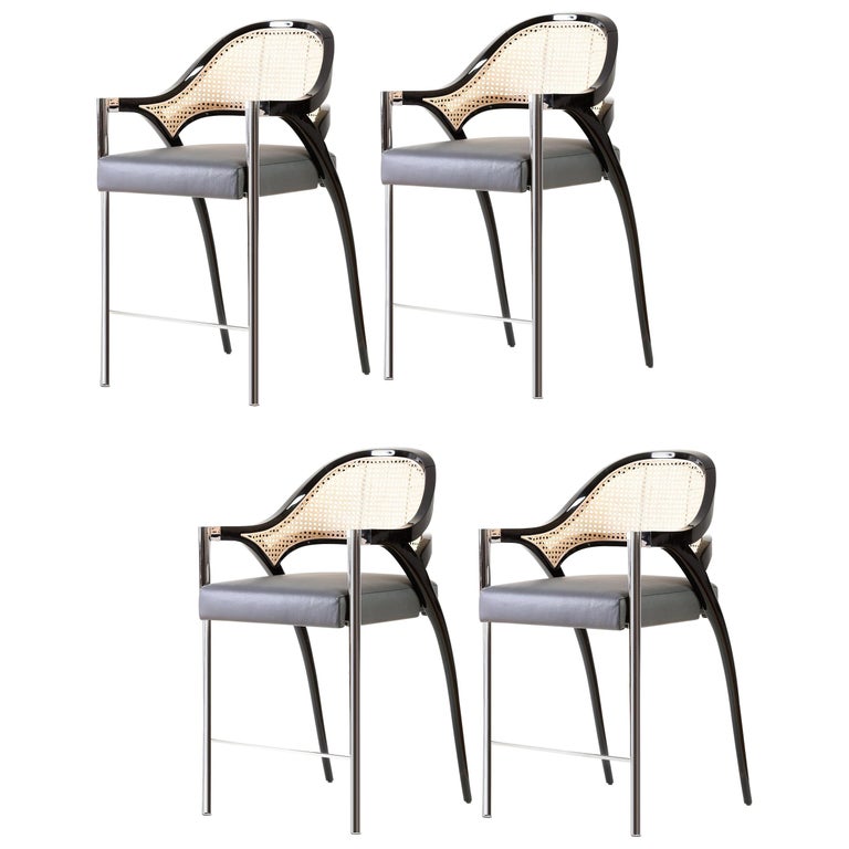 Set of 4 Contemporary Polished Chrome Rattan Counter Stools Hand ...