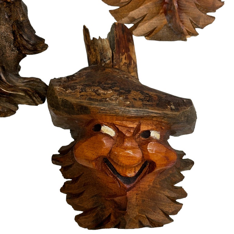 Set of 4 Detailed Wood Carving Alpine Gnome Dwarf Faces Austria Alps ...