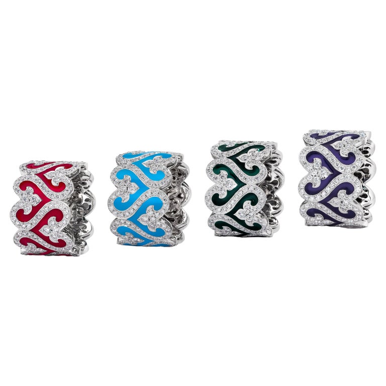 Set of 4 Diamond and Enamel Wide Band Rings For Sale at 1stDibs
