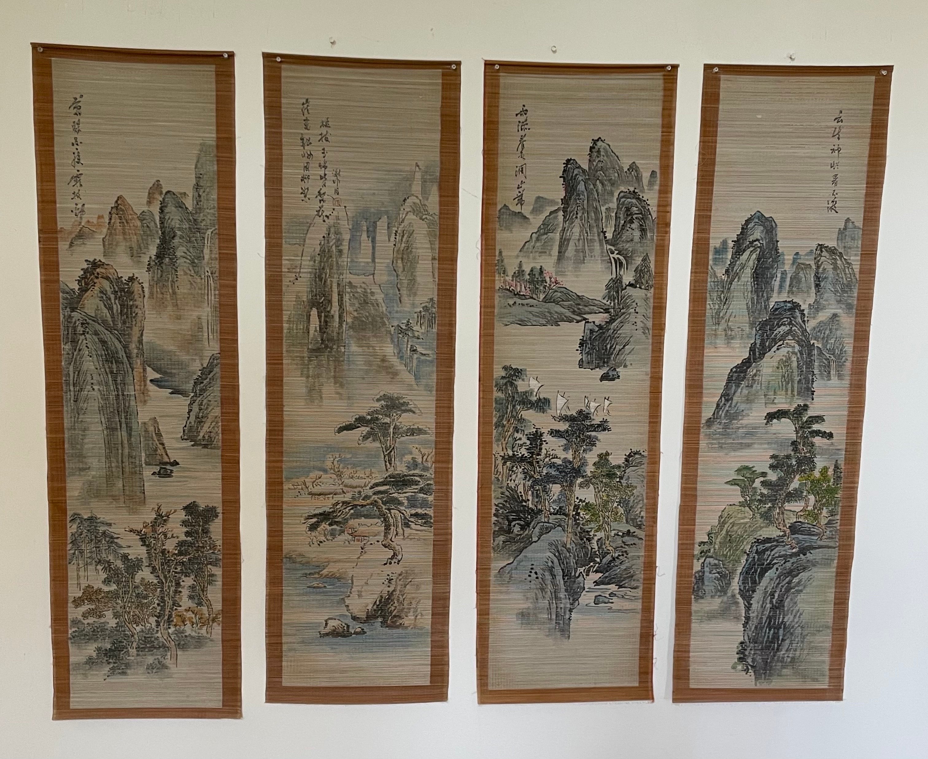 Set of 4 Early 20th Century Japanese Hand Painted Split Bamboo Scrolls ...