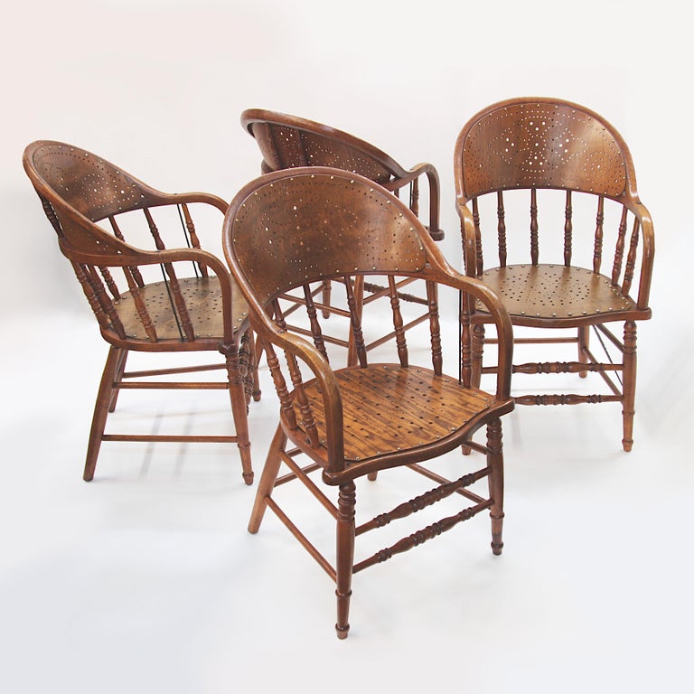 Set of 4 Early 20th Century Vintage Oak Spindle Back Captain Firehouse ...