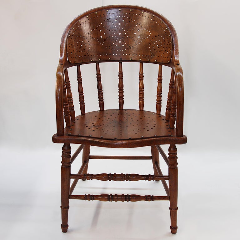 Set of 4 Early 20th Century Vintage Oak Spindle Back Captain Firehouse ...