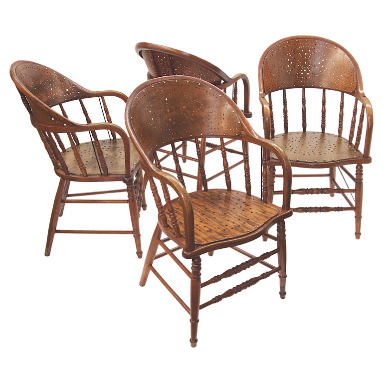 Set of 4 Early 20th Century Vintage Oak Spindle Back Captain Firehouse ...