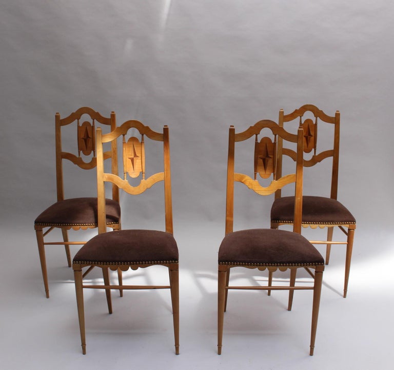 Set of 4 French Art Deco Cherry Wood Side Chairs by Georges Soutiras ...