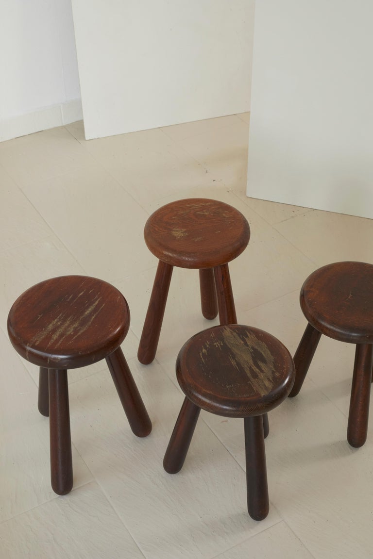 Set of 4 Handcrafted Four Legged Stools in Solid Wood, France, circa ...