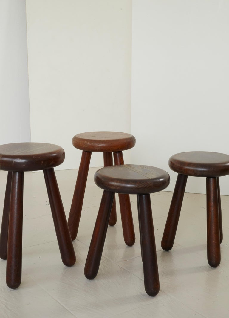 Set of 4 Handcrafted Four Legged Stools in Solid Wood, France, circa ...