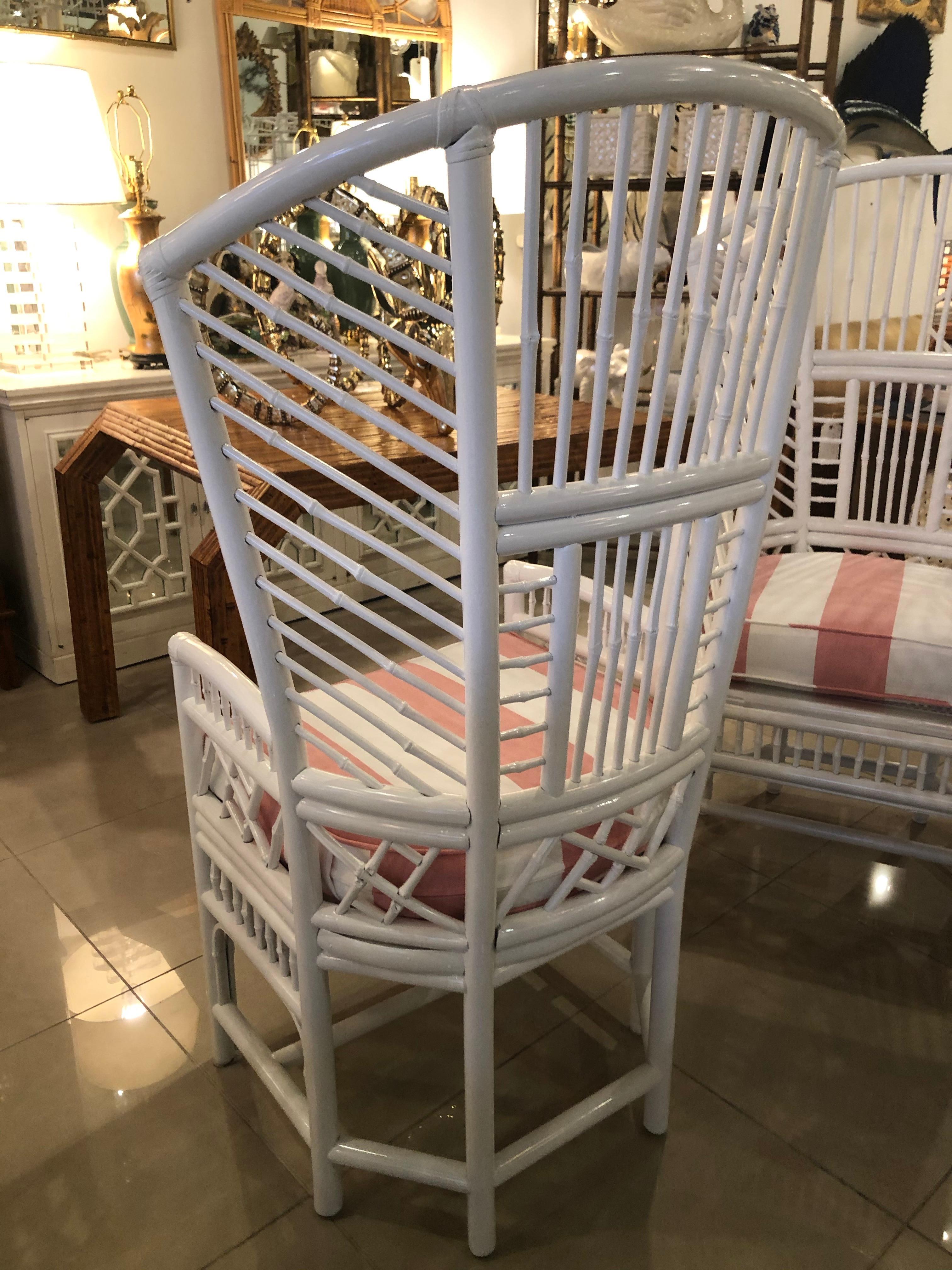 Set Of 4 High Back Brighton Style Lacquered White Rattan Dining Chairs
