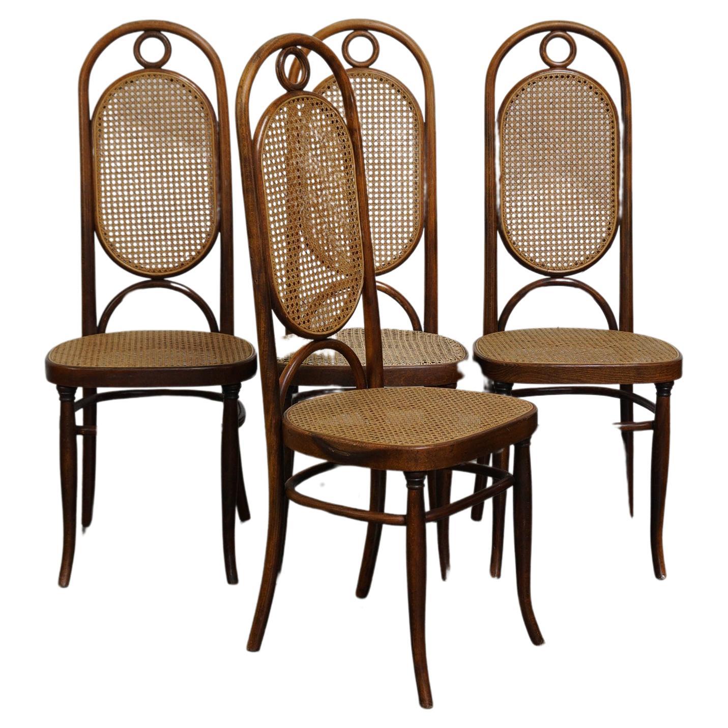 Set of 4 high bentwood vintage webbing Thonet chairs model “long John ...