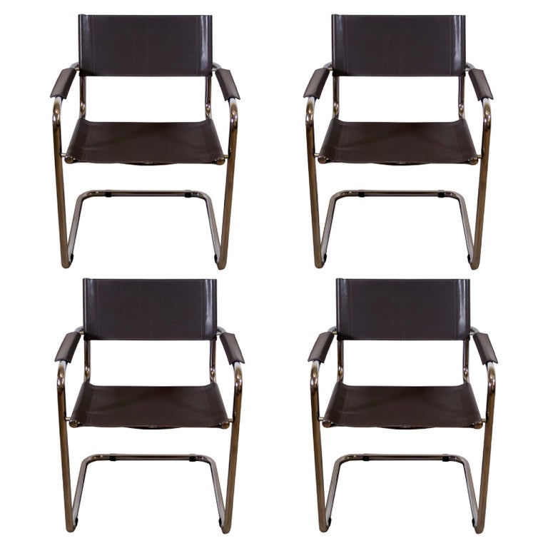 Set of 4 Leather and Chrome Cantilever Directors Style Breuer Chairs ...