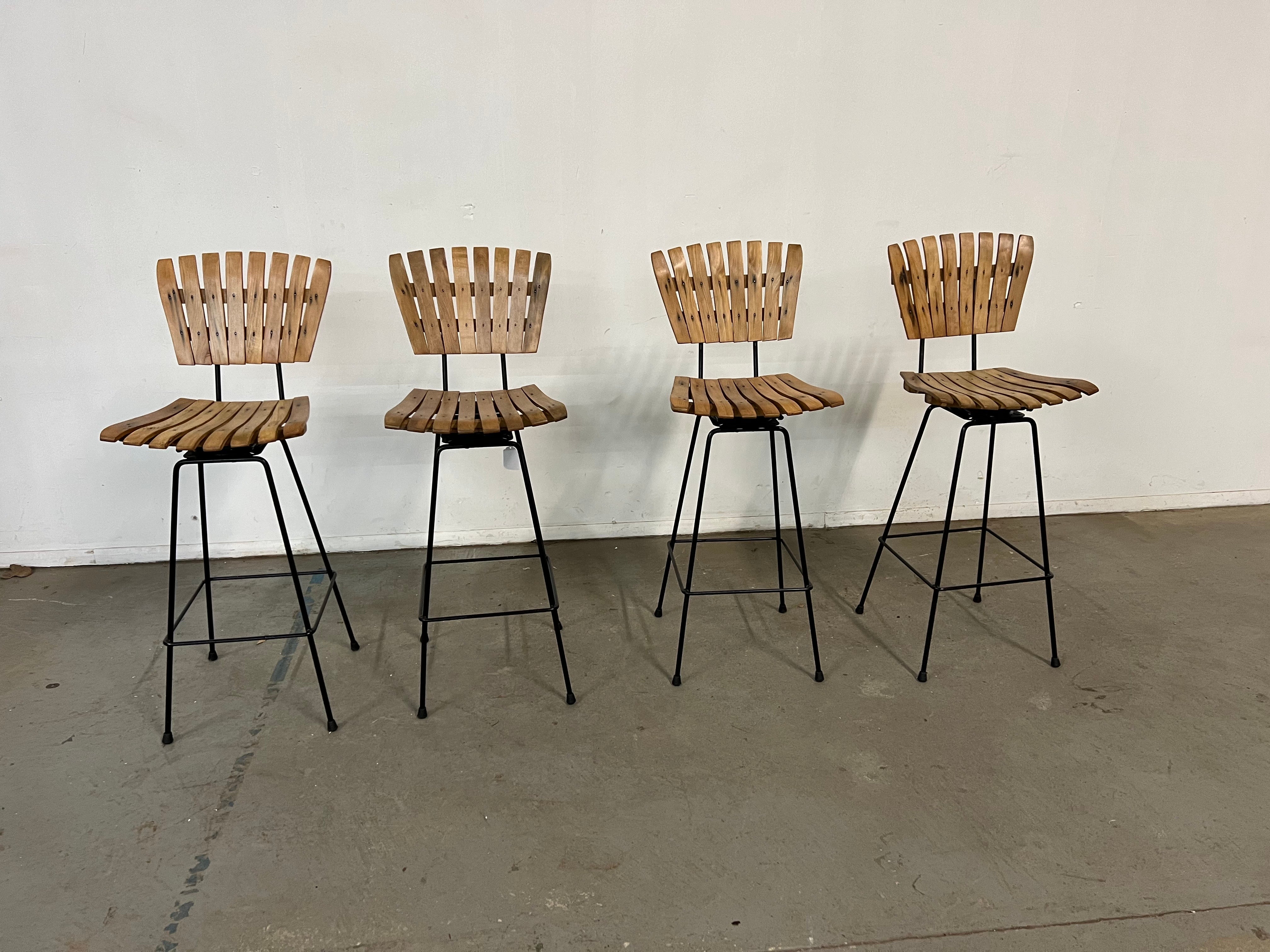 Set of 4 Mid-Century Arthur Umanoff Slat Style Bar Stools For Sale at ...