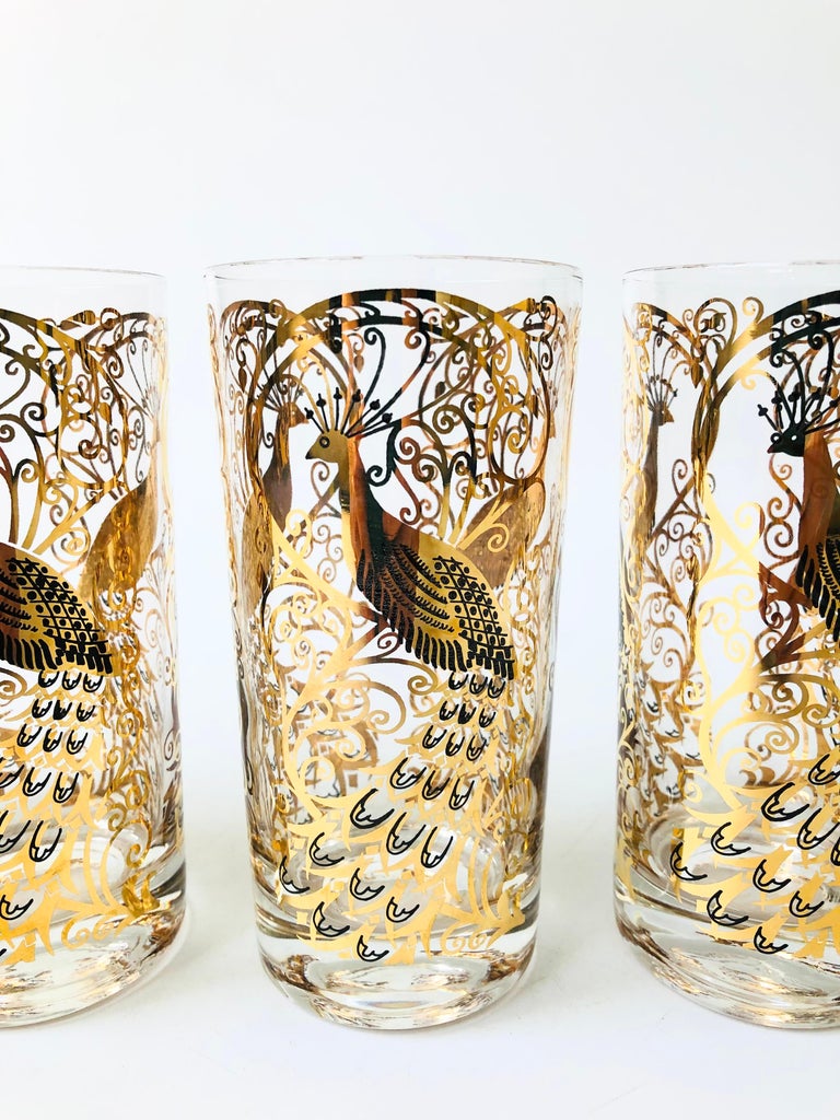 Set of 4 Mid Century Gold Peacock Highball Tumblers by Osborne Kemper ...