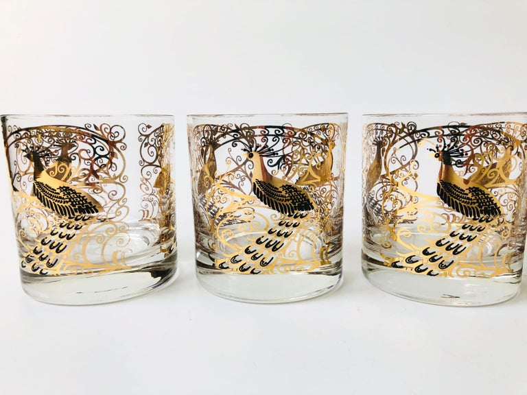 Set of 4 Mid Century Gold Peacock Lowball Tumblers by Osborne Kemper ...