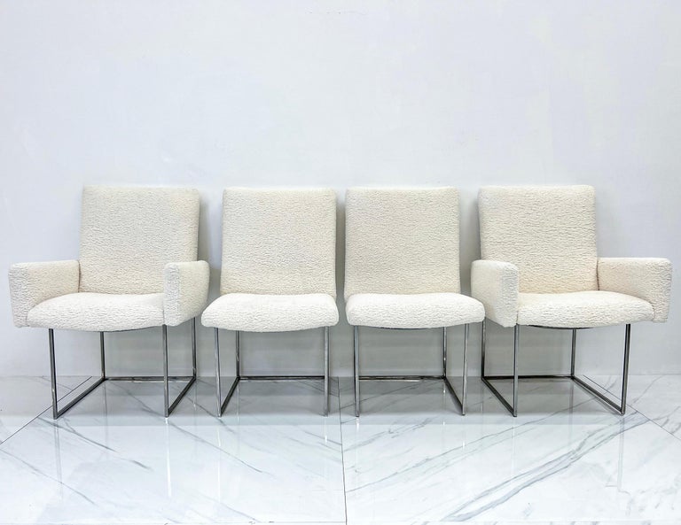 Set of 4 Milo Baughman Thin Line Dining Chairs in Ivory Boucle, 1970's ...