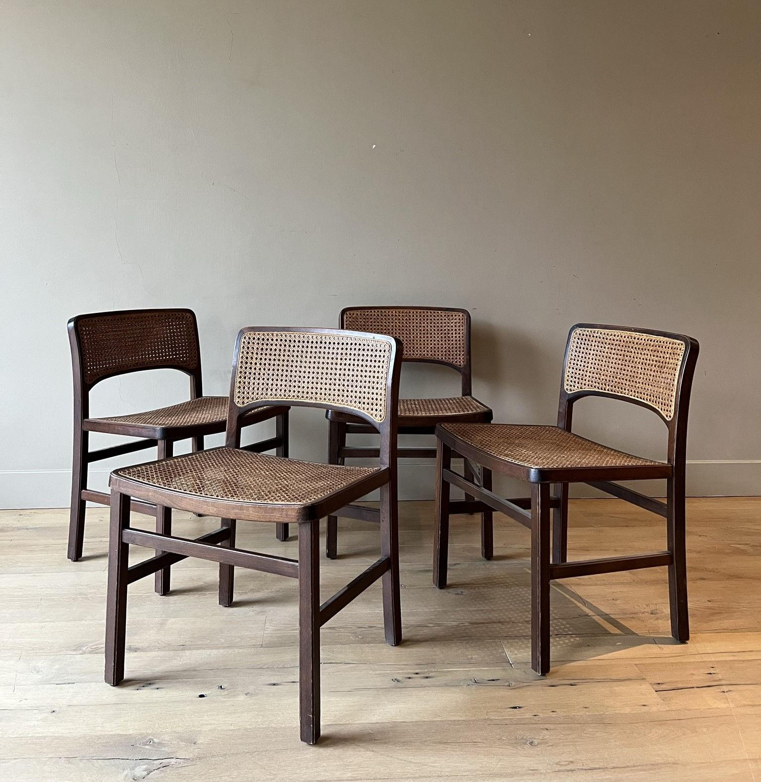 Set of 4 Modernist Bauhaus Style Wood and Wicker Chairs For Sale at 1stDibs
