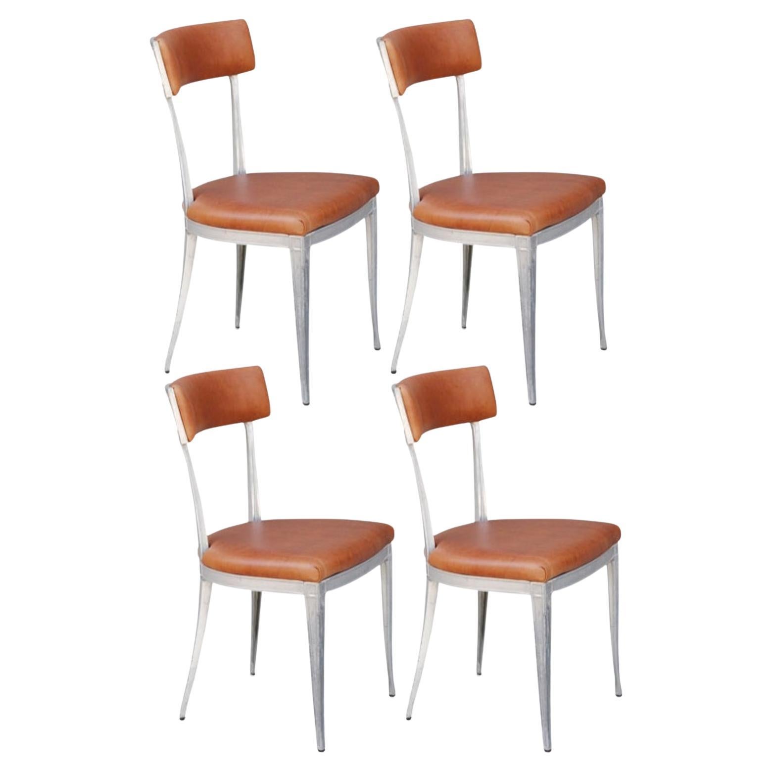 Set of 4 Neoclassical Aluminum and Brown Leather Dining Chairs at 1stDibs