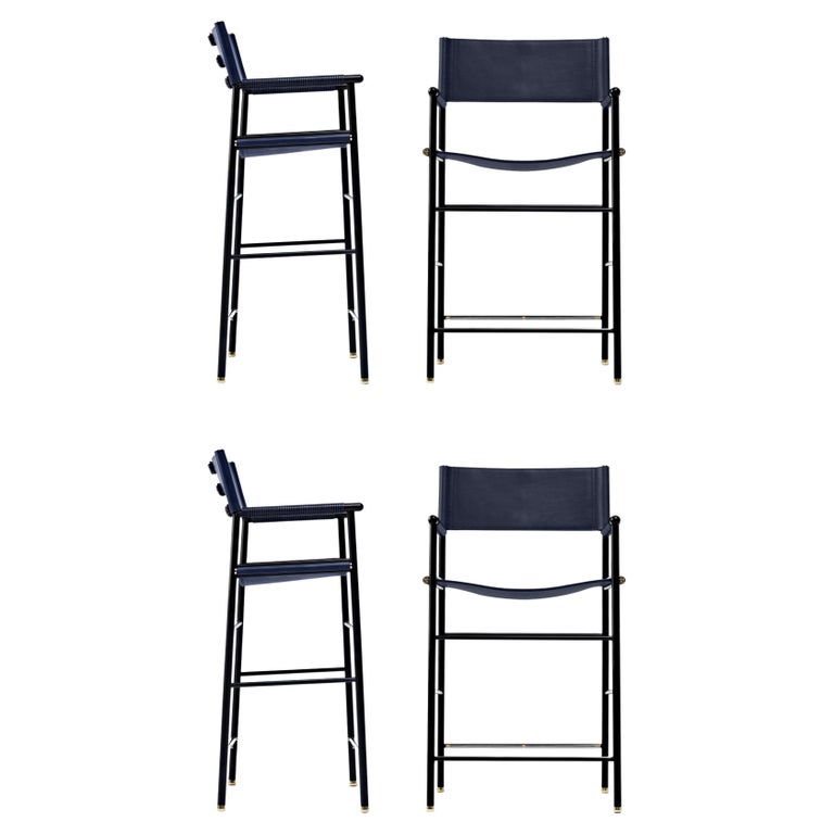 Set of 4 Classic Bar Stool w. Backrest Navy Blue Leather and Black ...