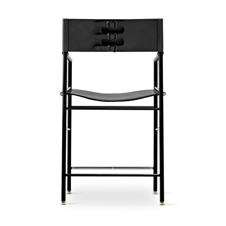 Set of 4 Artisanal Counter Stool w. Backrest Black Leather and Black ...