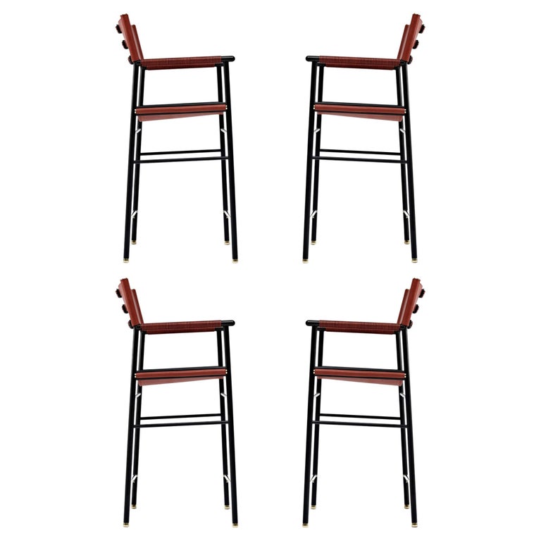 Set of 4 Classic Counter Bar Stool w Backrest Cognac Leather, Black ...