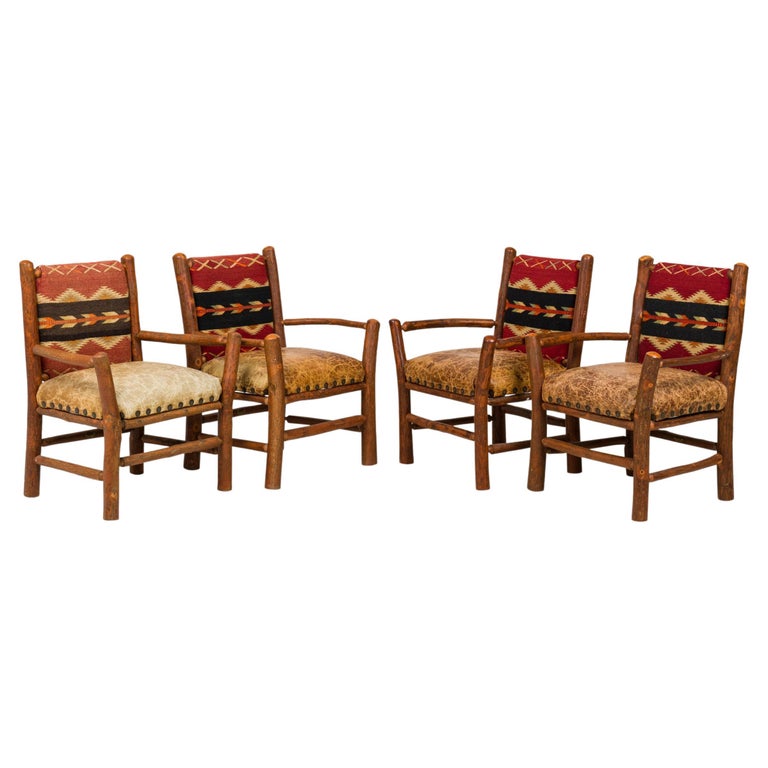 Set of 4 Rustic Old Hickory Chairs with Leather Seats and Woven ...
