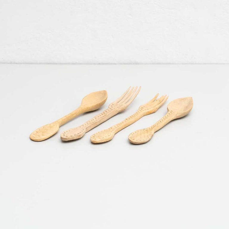 Set of 4 Traditional Wooden Pastoral Primitive Carved Fork and Spoon ...
