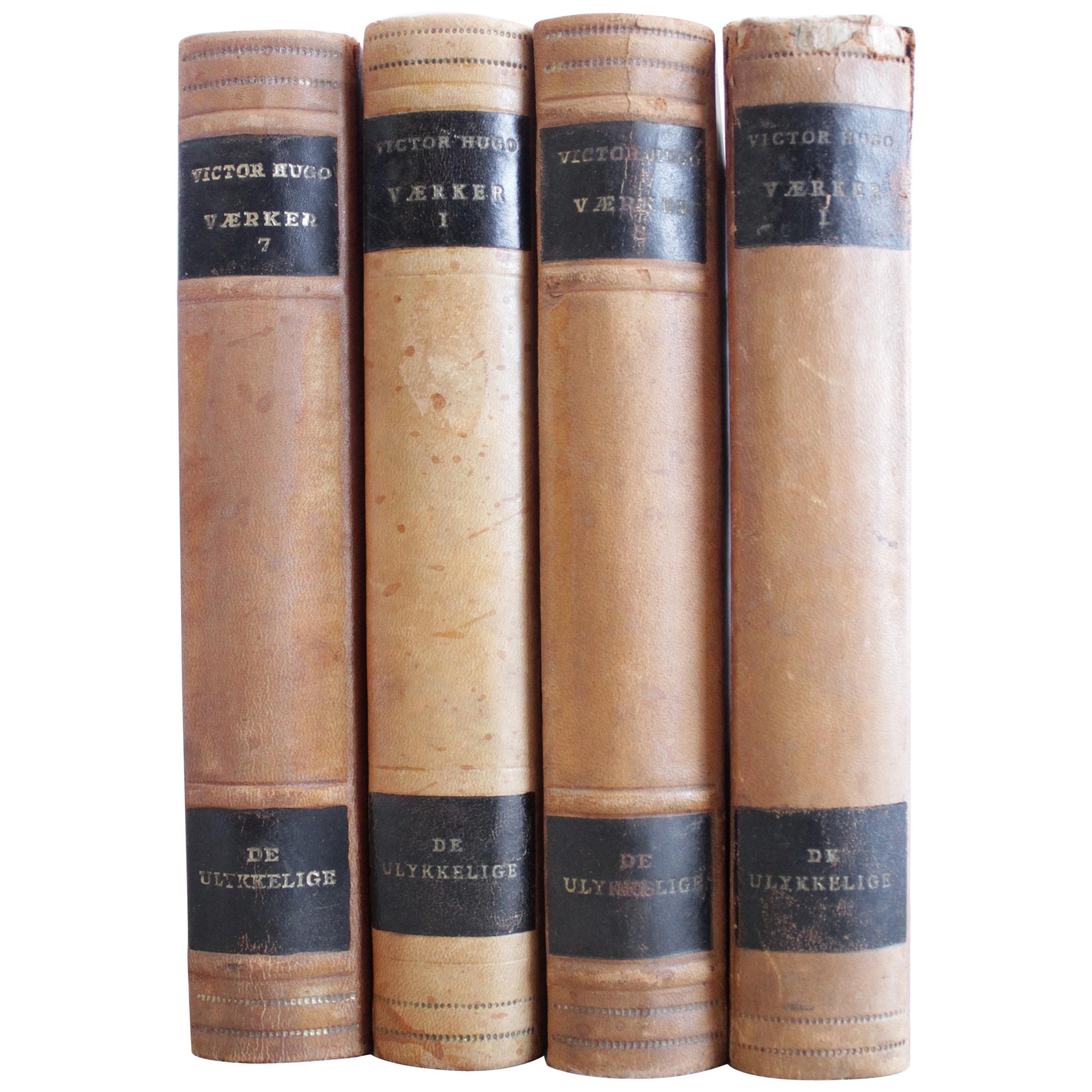 Set of 4 Victor Hugo De Ulykkelige Antique Leather Bound Books at 1stDibs