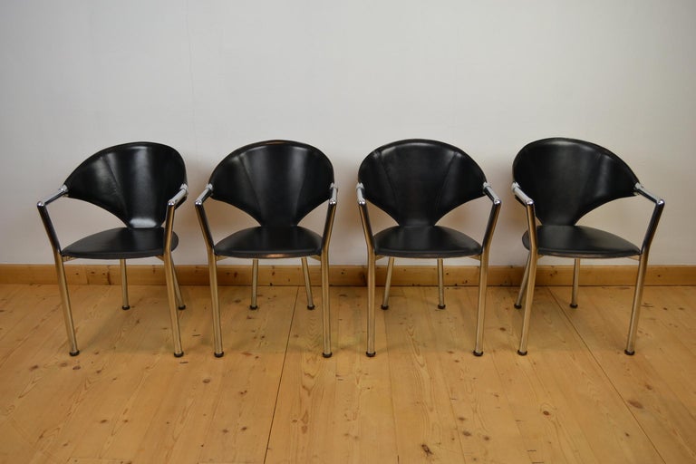 Set of 4 Vintage Segis Black Leather and Chrome Armchairs, Office ...