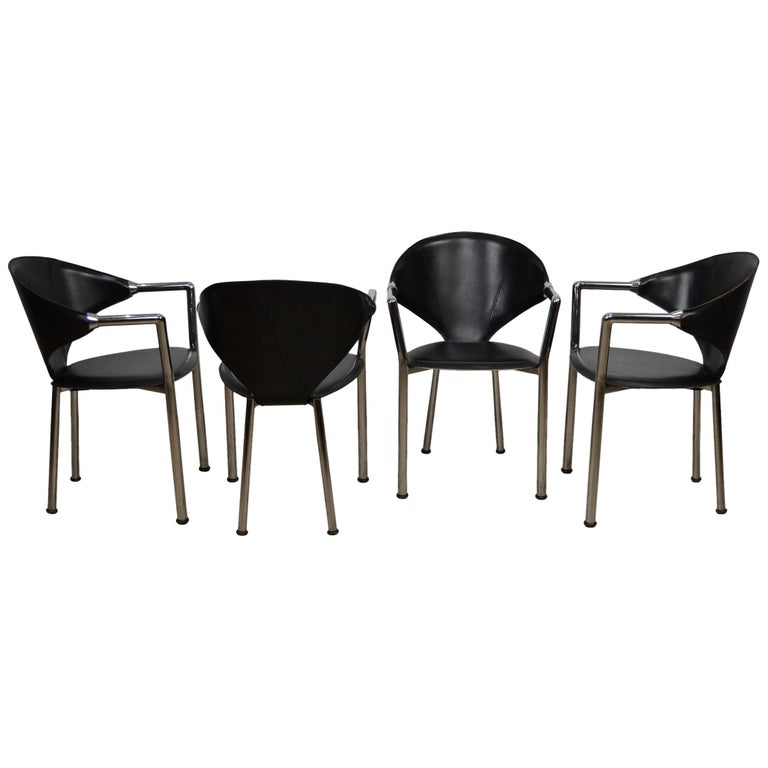 Set of 4 Vintage Segis Black Leather and Chrome Armchairs, Office ...
