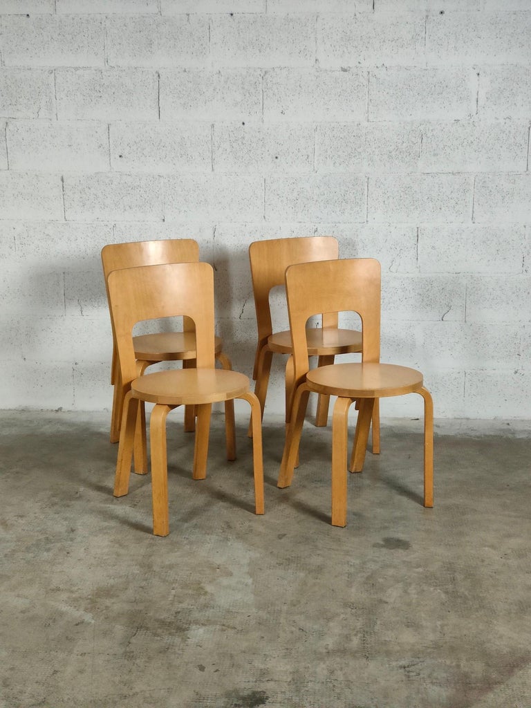 Set of 4 Wooden Dining Chairs 66 Model by Alvar Aalto for Artek, 60s ...