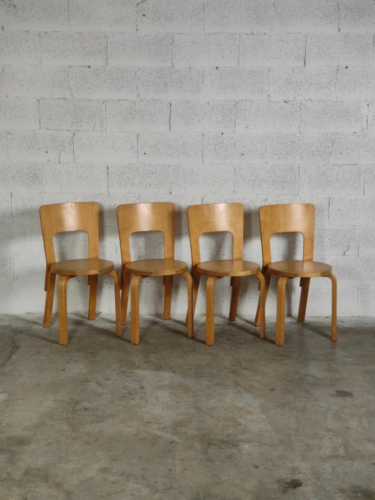 Set of 4 Wooden Dining Chairs 66 Model by Alvar Aalto for Artek, 60s ...