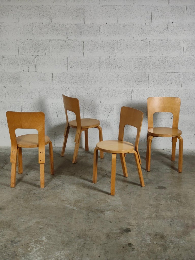 Set of 4 Wooden Dining Chairs 66 Model by Alvar Aalto for Artek, 60s ...