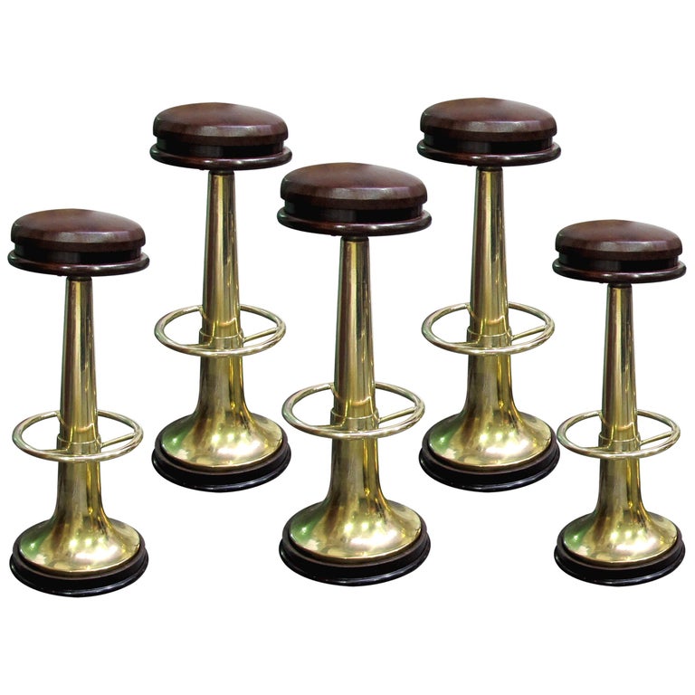Set of 5 1950s Norwegian Solid Brass and Mahogany Swivel Nautical Bar ...